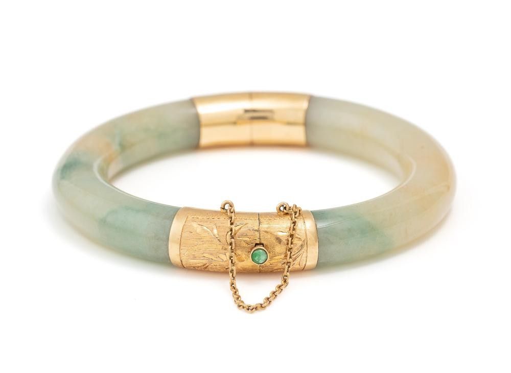 Jadeite Jade and Gold Bangle with Engraved Hinge Clasp - Bracelets ...