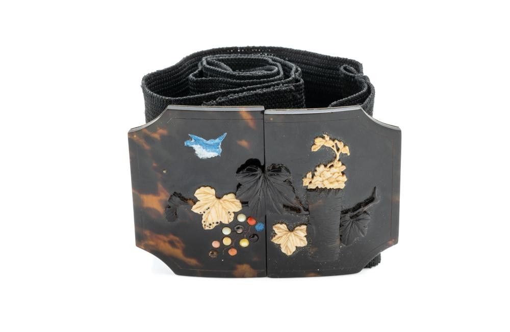 Japanese Shibayama Tortoiseshell Buckle with Whale Tooth and Flower ...
