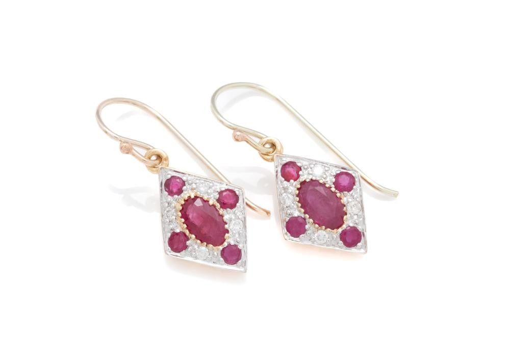 9ct Gold Ruby and Diamond Earrings with Shepherds Hook Fitting ...