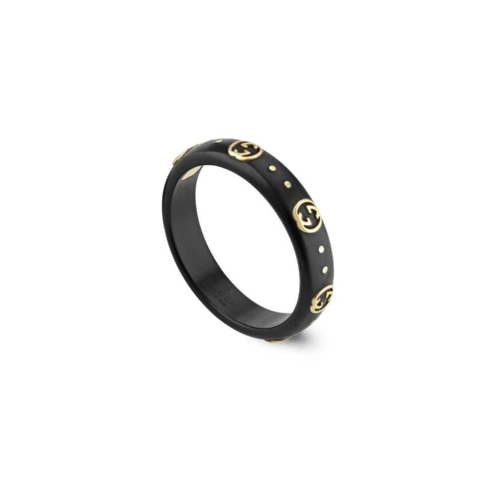 Gucci 18ct Gold Black Corundum GG Monogram Ring, Size N - Rings - Jewellery