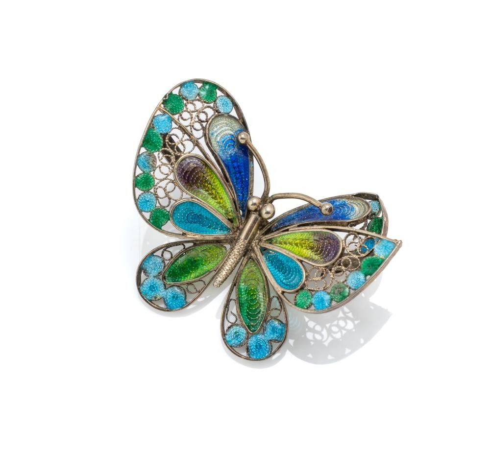 Enamelled Silver Filigree Butterfly Brooch with Polychrome Enamel, 31 ...