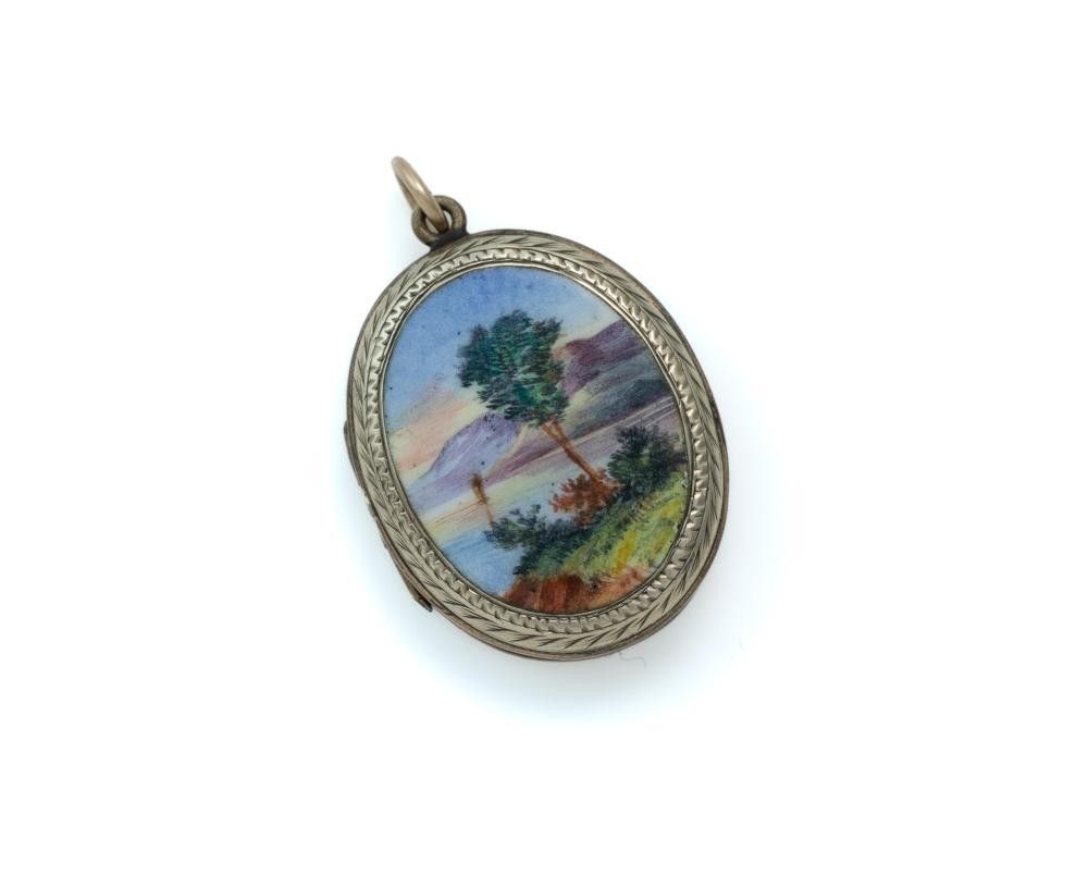 Antique Gold Enamel Lakeside Miniature Locket with Landscape Scene ...