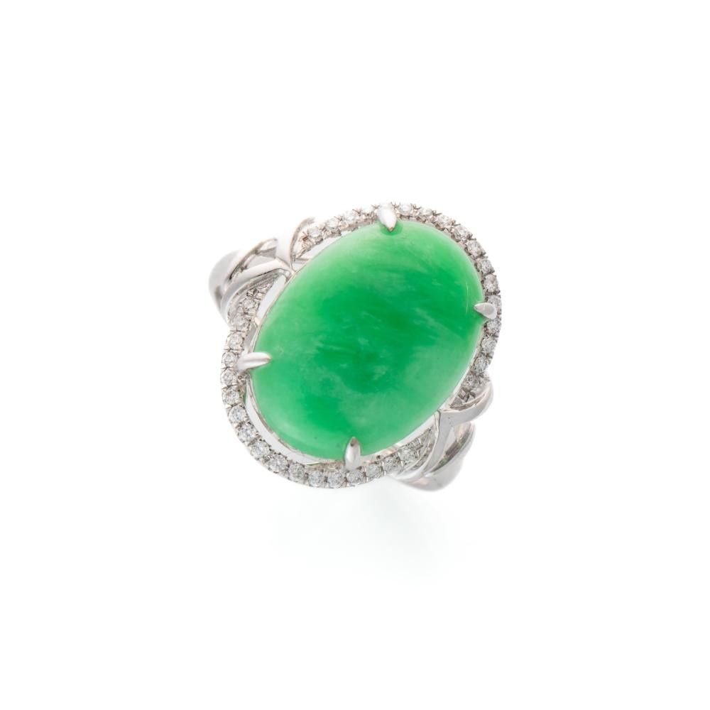 Chow Sang Sang White Gold Jade Diamond Ring, Size N - Rings - Jewellery
