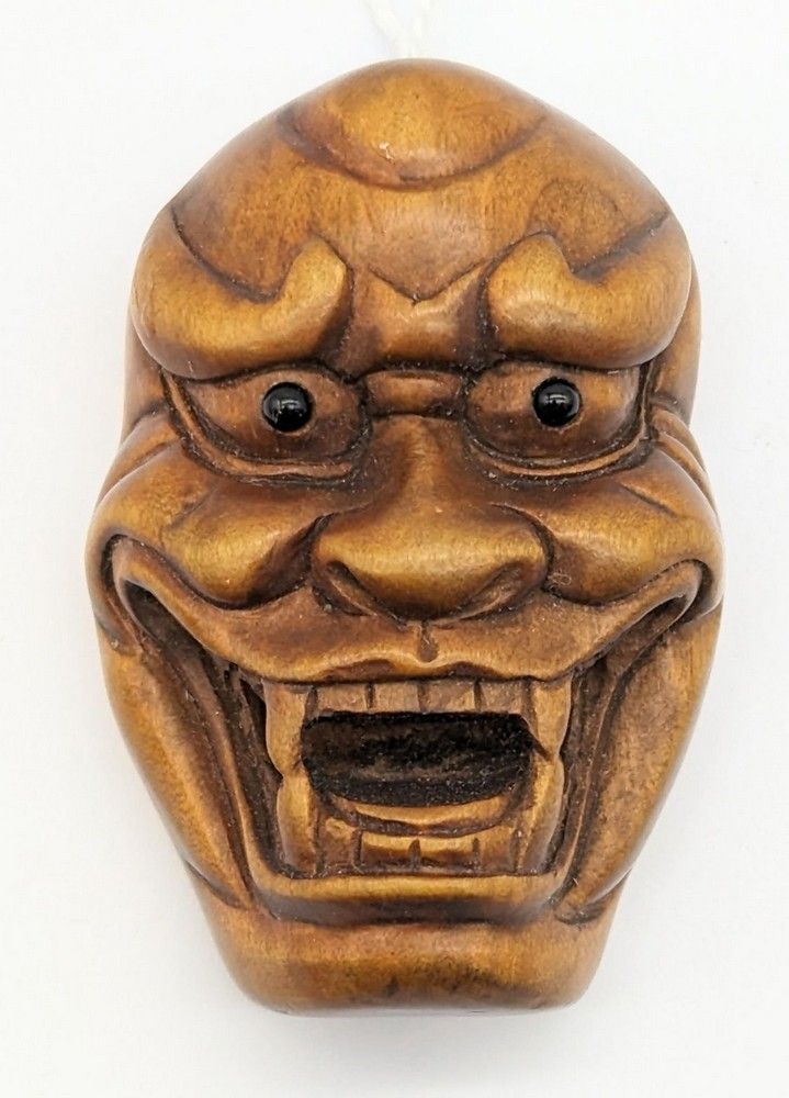 Japanese Boxwood Devil Face Netsuke with Glass Eyes, Signed - Zother ...
