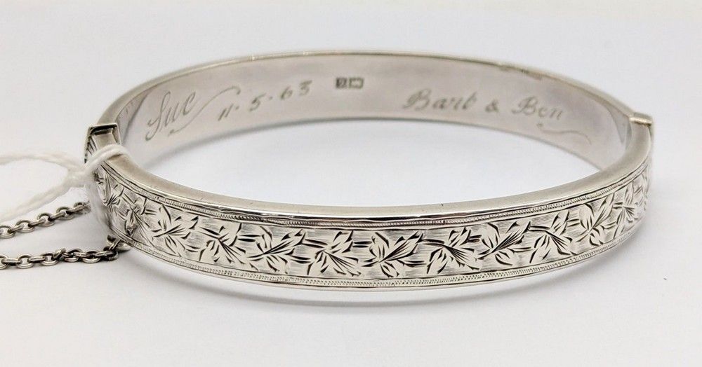 Engraved Floral Sterling Silver Hinged Bangle with Hallmark - Bracelets ...