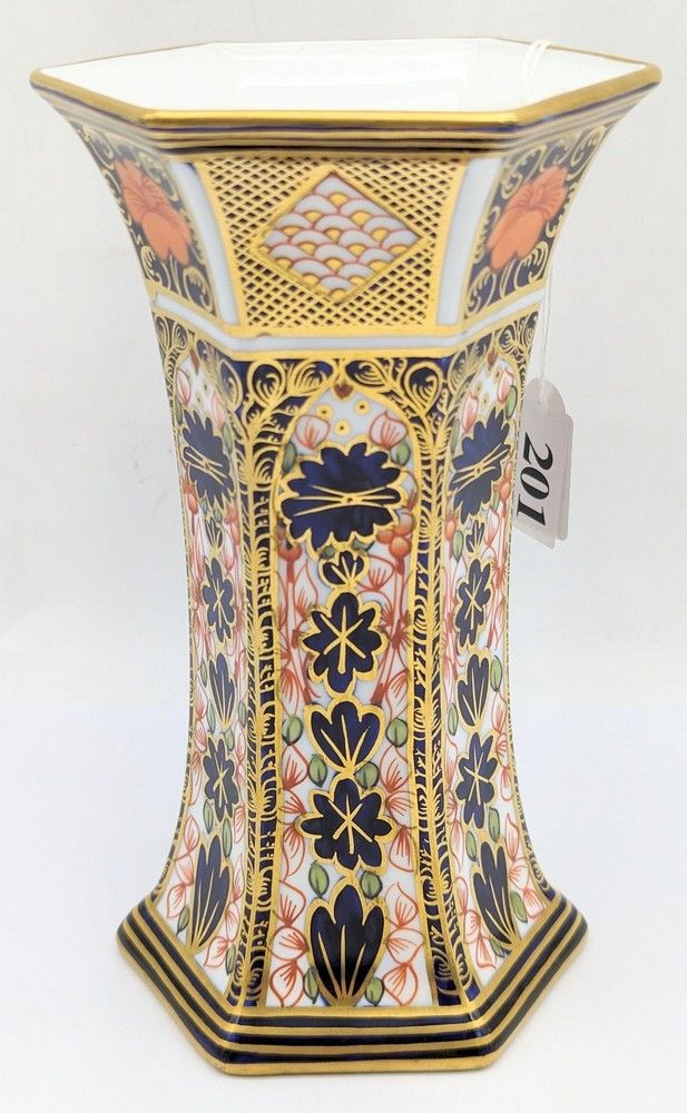 Hand painted Royal Crown Derby Imari pattern hexagonal floral vase ...
