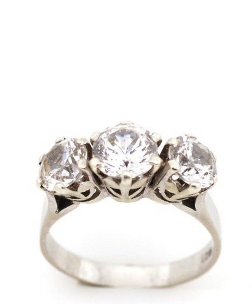 18ct White Gold CZ Three Stone Ring - Size O - Rings - Jewellery