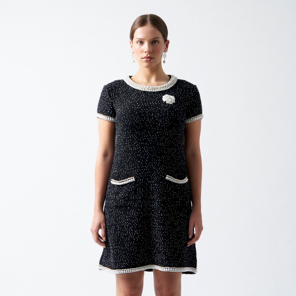 Chanel Black Cashmere Mini Dress with Pearl Embellishment, Size 38 ...