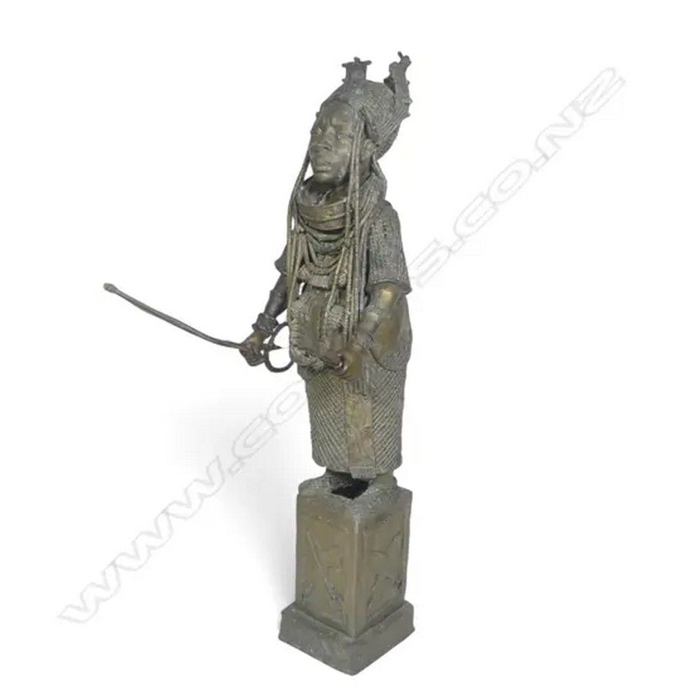 Benin Bronze Figure in Ceremonial Dress with Sword and Sceptre - Edged ...