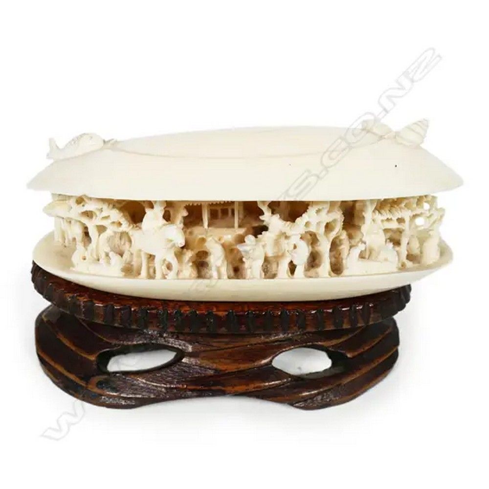 Chinese Ivory Dream Shell with Figures, Pagoda, Trees, Sea Theme ...