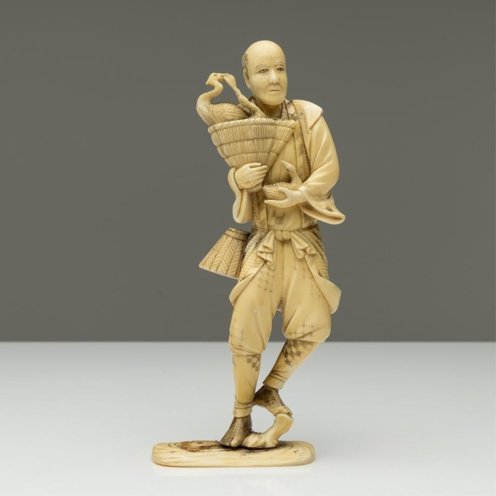 Meiji Carved Ivory Okimono: Fisherman with Birds, 21.5 cm - Ivory ...
