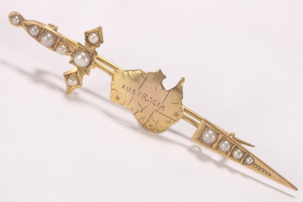 Australian 9ct Gold Sword Brooch with Seed Pearls and Map - Brooches ...