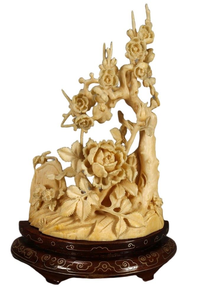 Intricately Carved Chinese Ivory Peony on Wooden Stand, 17.5cm - Ivory ...