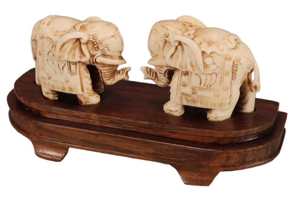 Japanese ivory elephant netsuke pair with custom wooden stand ...