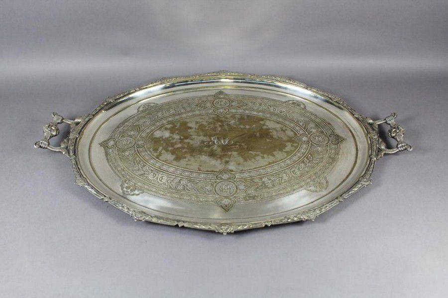 Antique Silver Plate Service Tray with Mask Handles - Trays, Salvers ...