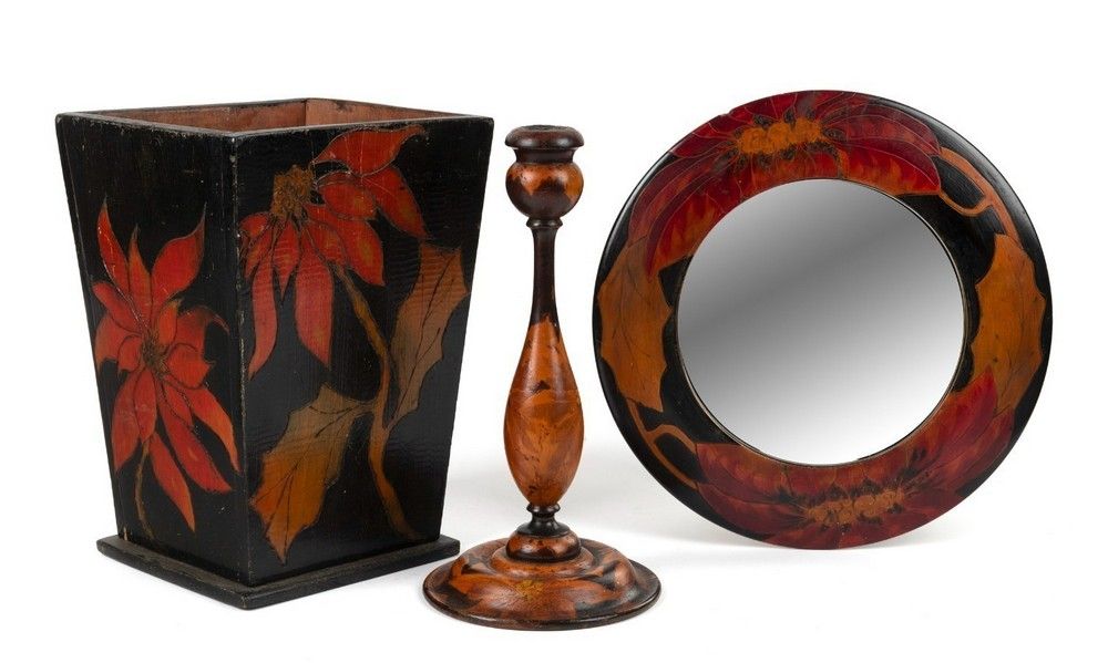 Australian pokerwork candlestick, mirror, and wastepaper basket set ...