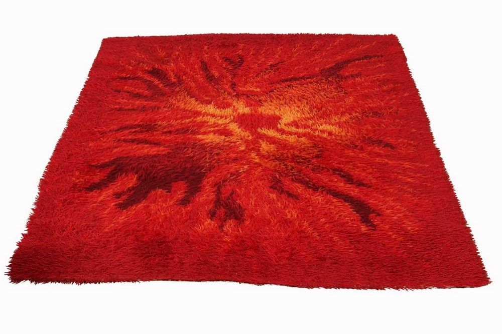 1960s Wittrup Denmark Red Wool Vulcan Pattern Flame Burst Rug ...