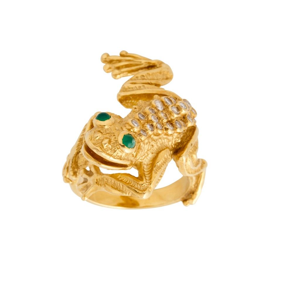 Frog-shaped 18ct Gold Ring with Emerald and Diamond Details - Rings ...