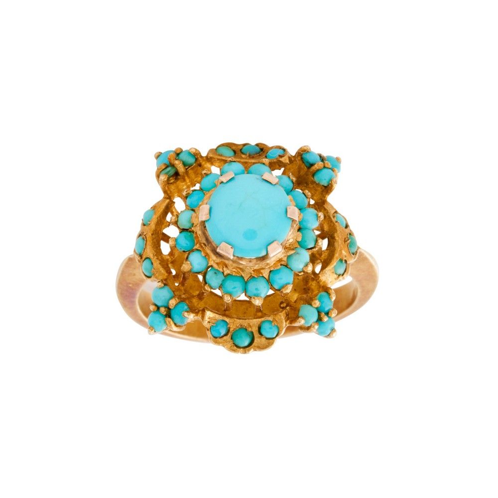18ct Gold Turquoise Ring with Ornate Surround, Size N - Rings - Jewellery