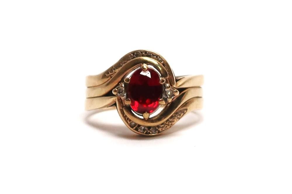 Vintage 9ct Gold Ruby & Diamond Stacking Ring Set, Size P - Rings ...