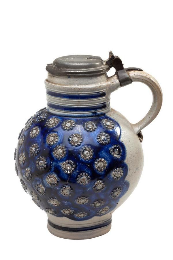 German Blue-Grey Pottery Jug with Pewter Lid, 1700 - Zother - 18th ...