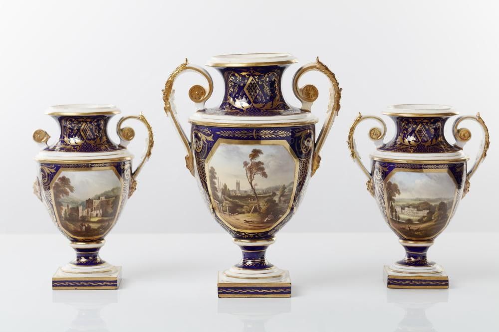 Derby Porcelain Named-View Vases Trio, English, circa 1820 - Derby (but ...