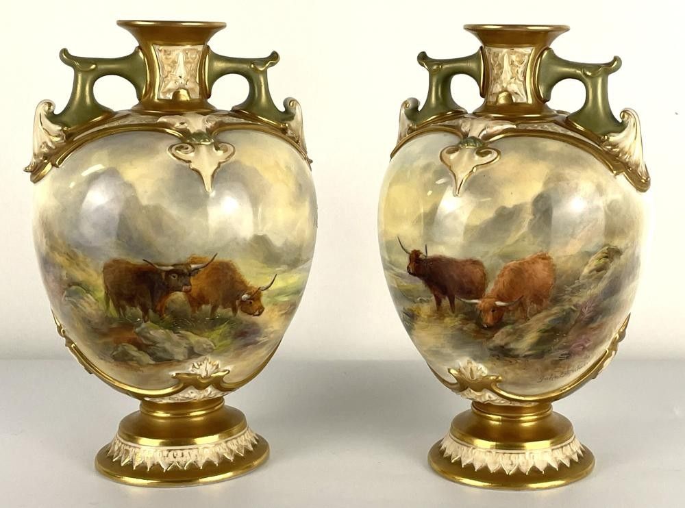 Royal Worcester John Stinton Highland Cattle Pair Vases 1913 - Royal ...
