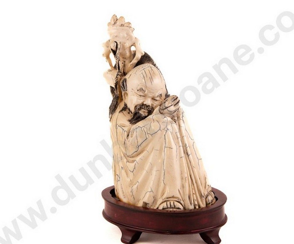 Chinese Carved Mammoth Tooth Ivory Sage Figure with Staff Stand - Ivory ...