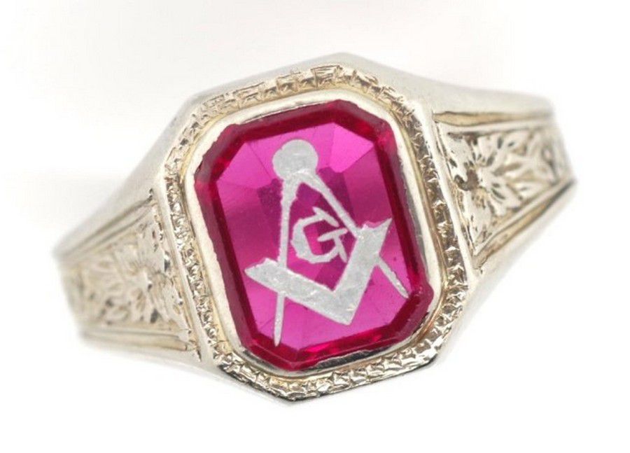 Masonic Signet Ring with Flower Decorated Shoulders - Rings - Jewellery