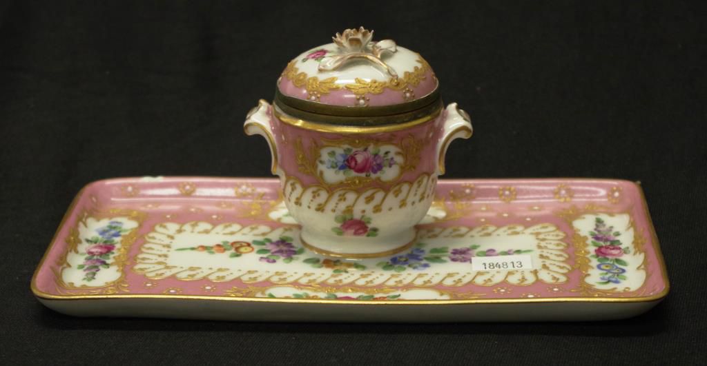 French Ceramic Inkwell with Blossom Decoration and Gilt Highlights ...