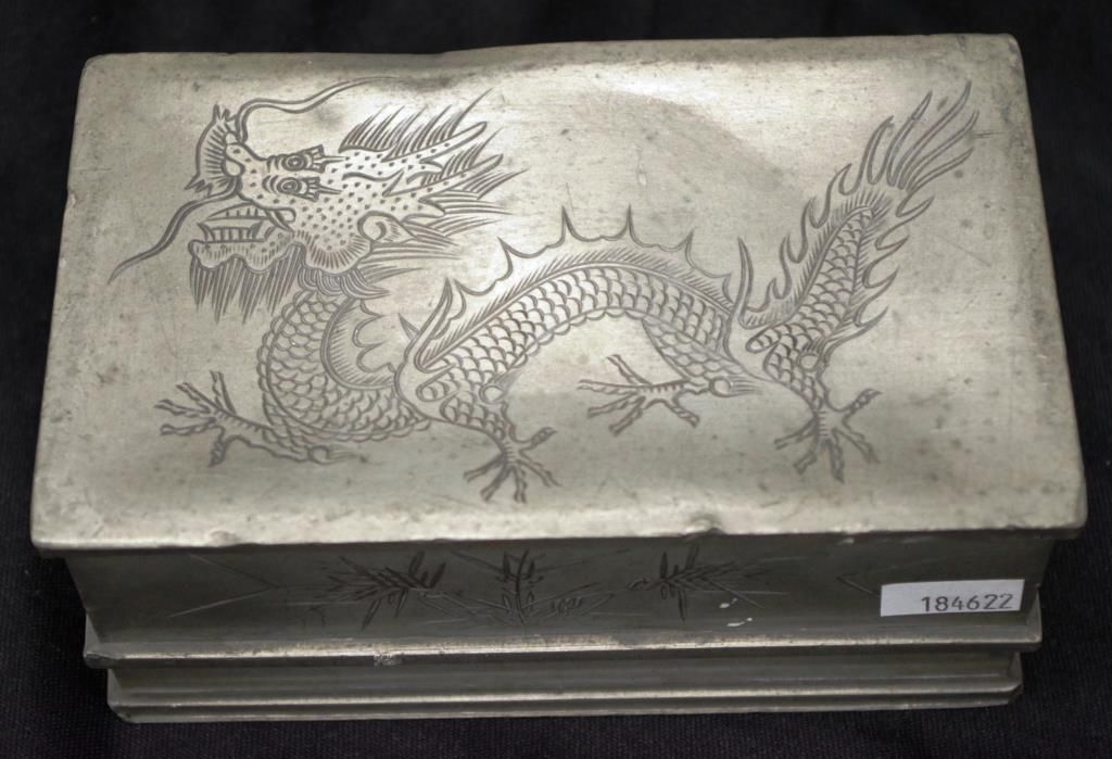 Engraved Dragon Pewter Box by Kut Hing Swatow - Pewter - Metalware