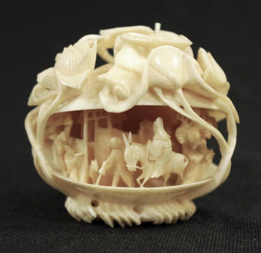 Vintage Oriental Carved Ivory Village Scene Sphere - Ivory - Oriental