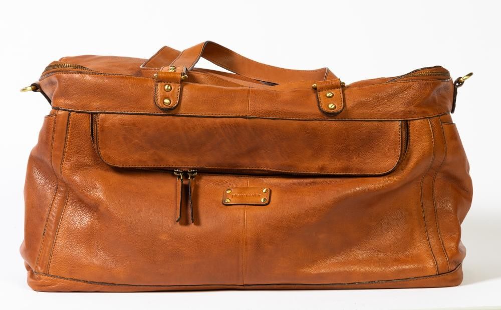 Pierre Cardin Light Brown Leather Weekender Bag, Studded Strap ...