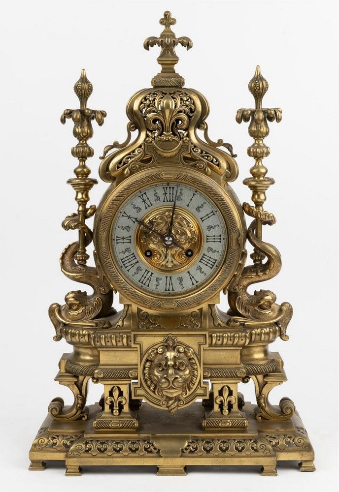 French Bronze Mantel Clock with Dolphin Supports, Late 19th Century ...