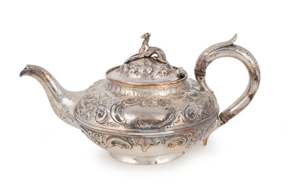 Georgian silver teapot with greyhound finial, Charles Gordon London ...