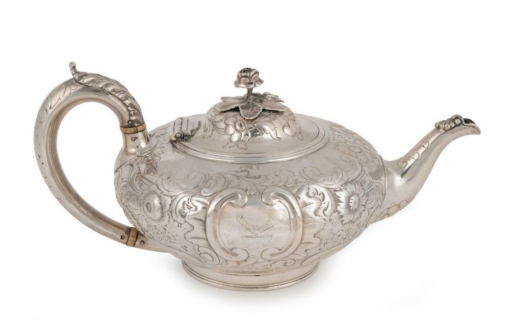 English sterling silver teapot with rose finial, London, circa 1847 ...
