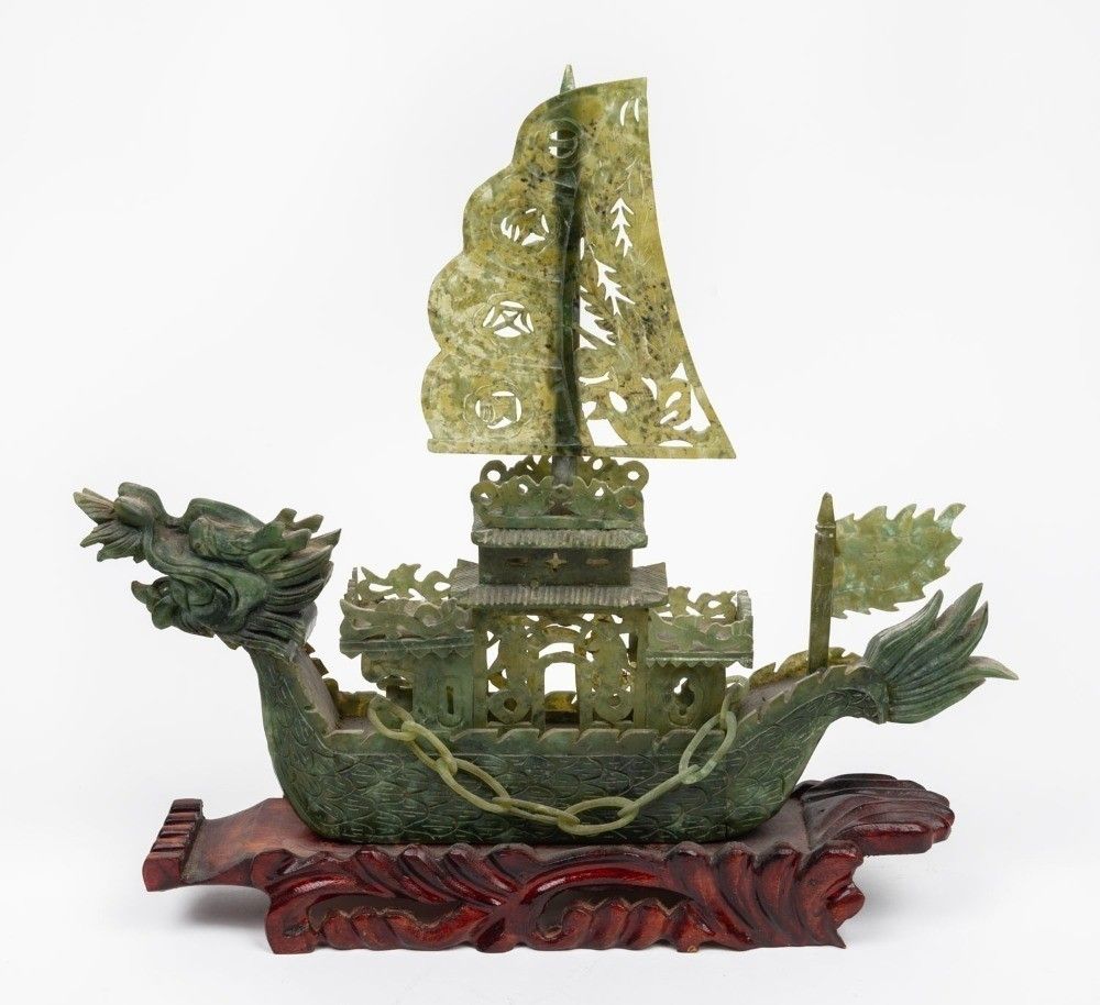 Chinese carved jade dragon boat on timber stand, 20th century - Jade ...