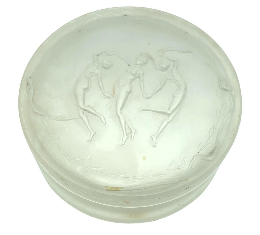 Vintage Lalique Frosted Glass Trinket Box with Nude Design - French - Glass