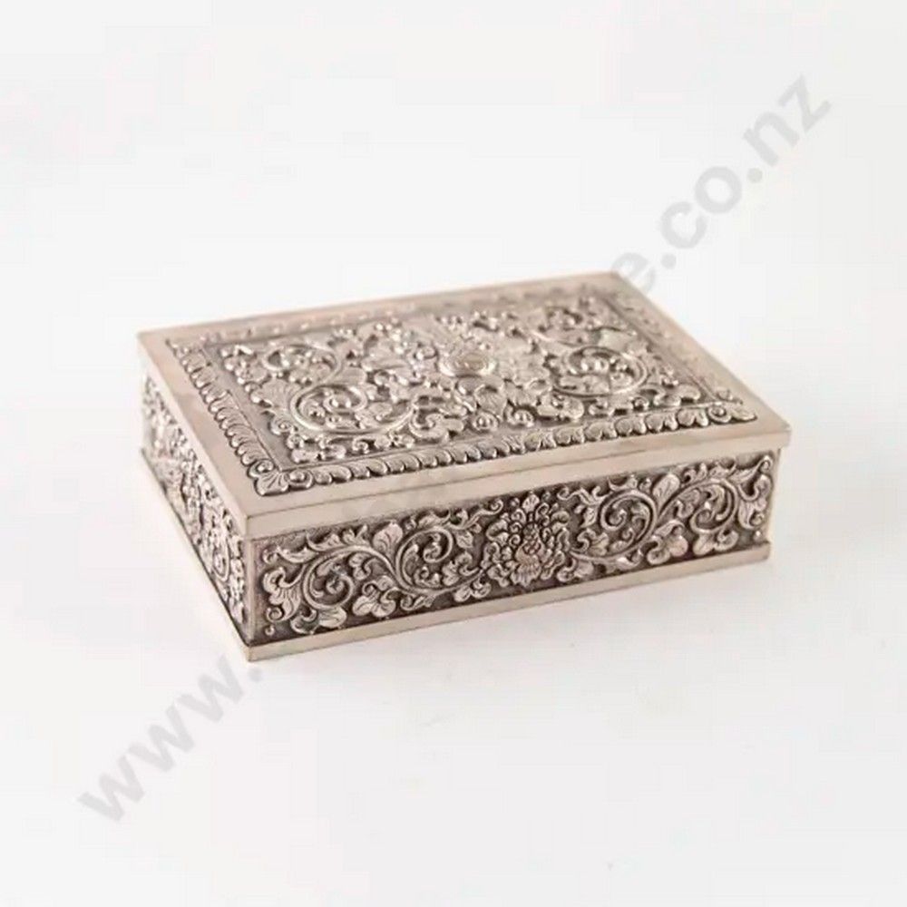 Elaborate Eastern .800 Silver Cigarette Box with Wooden Lining ...