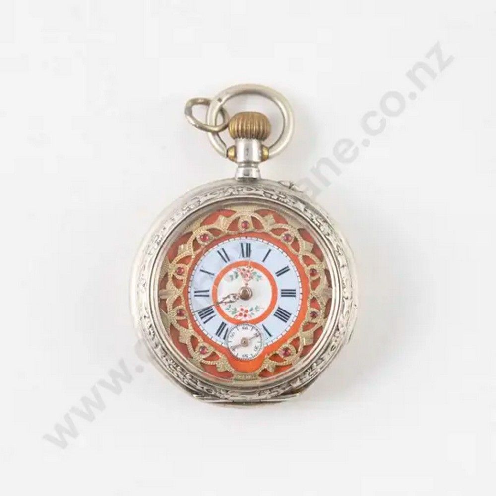 Enamel & Jewelled Dial European Silver Pocket Watch, Engraved Back ...