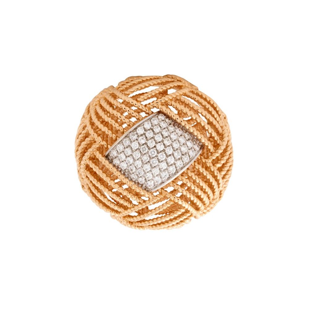 Italian 18ct Two-Tone Gold Diamond Domed Ring with Textured Design ...