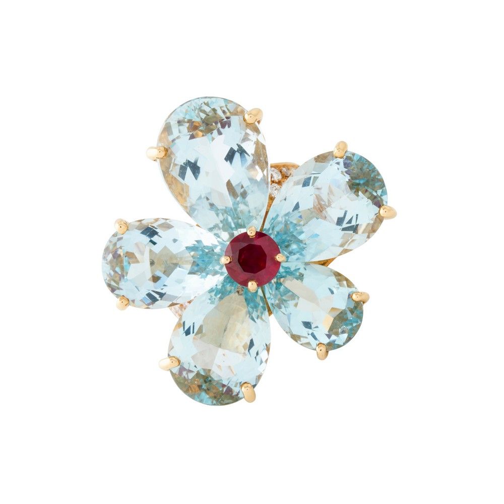 Bulgari 18ct Gold 'Flora' Ring with Aquamarine and Ruby - Rings - Jewellery