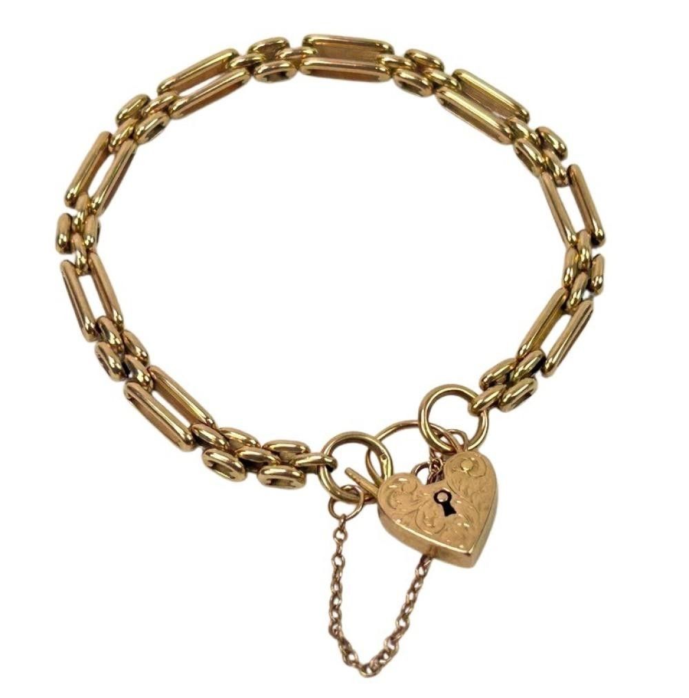 9ct Yellow Gold Gate Link Bracelet with Heart Padlock - Bracelets ...