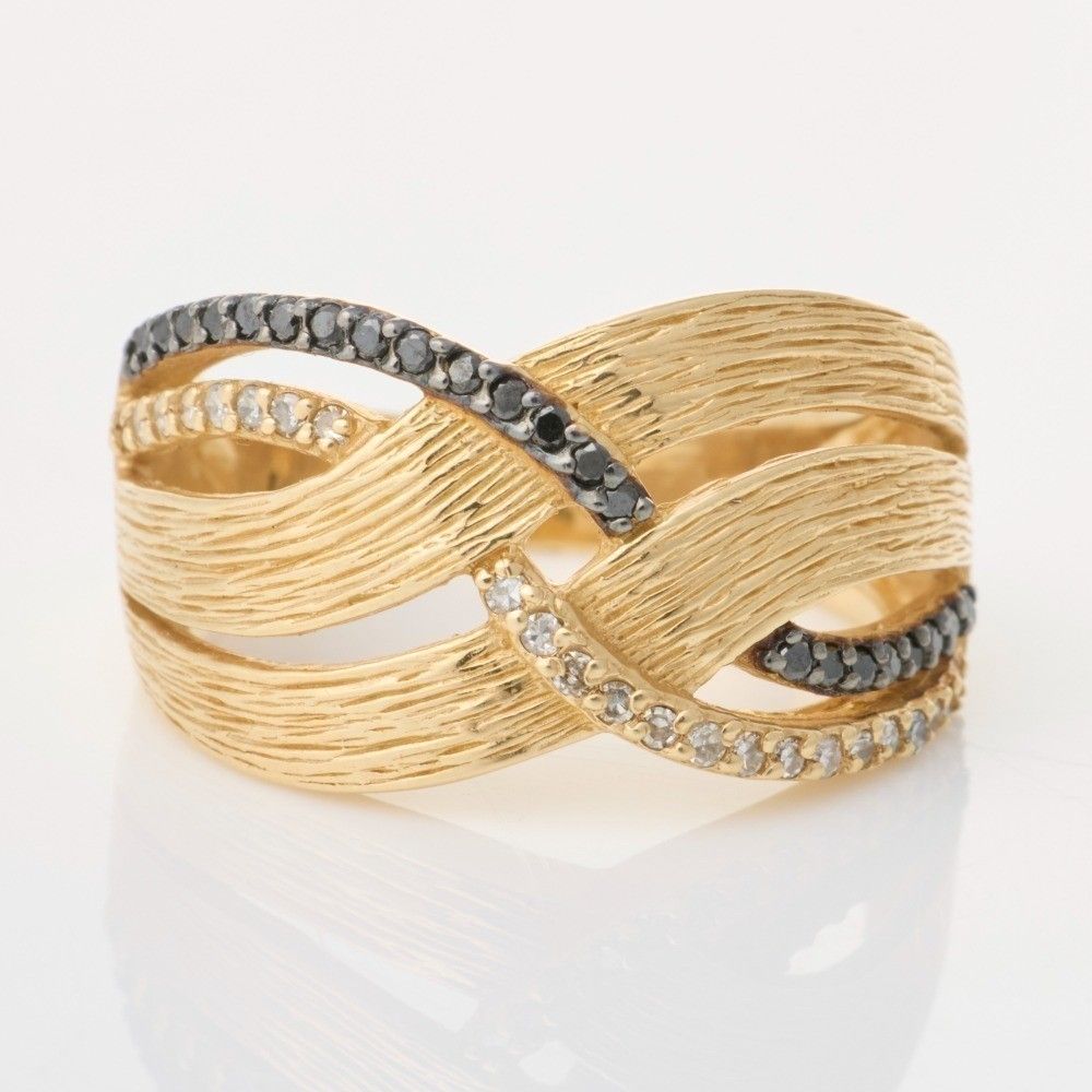 14ct Yellow Gold Crossover Ring with White and Black Diamonds - Rings ...