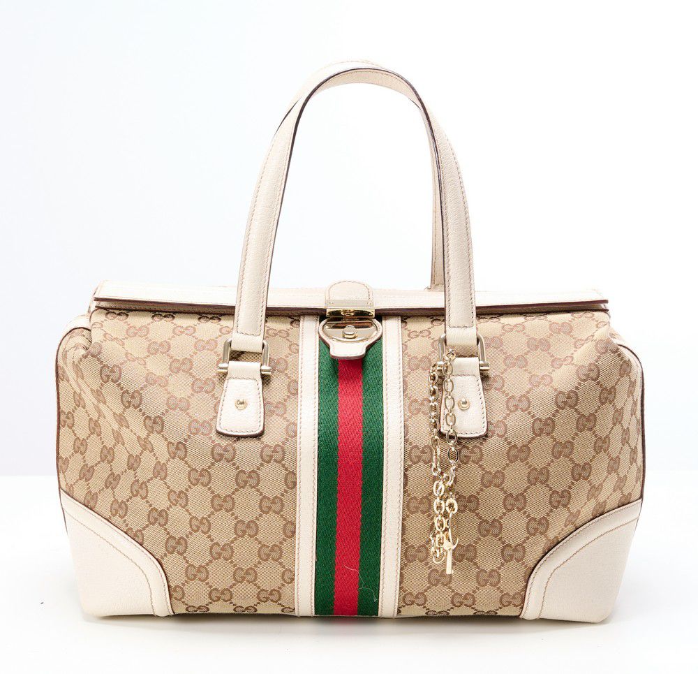 Gucci Beige Monogram Handbag with Leather Trim - Handbags & Purses ...