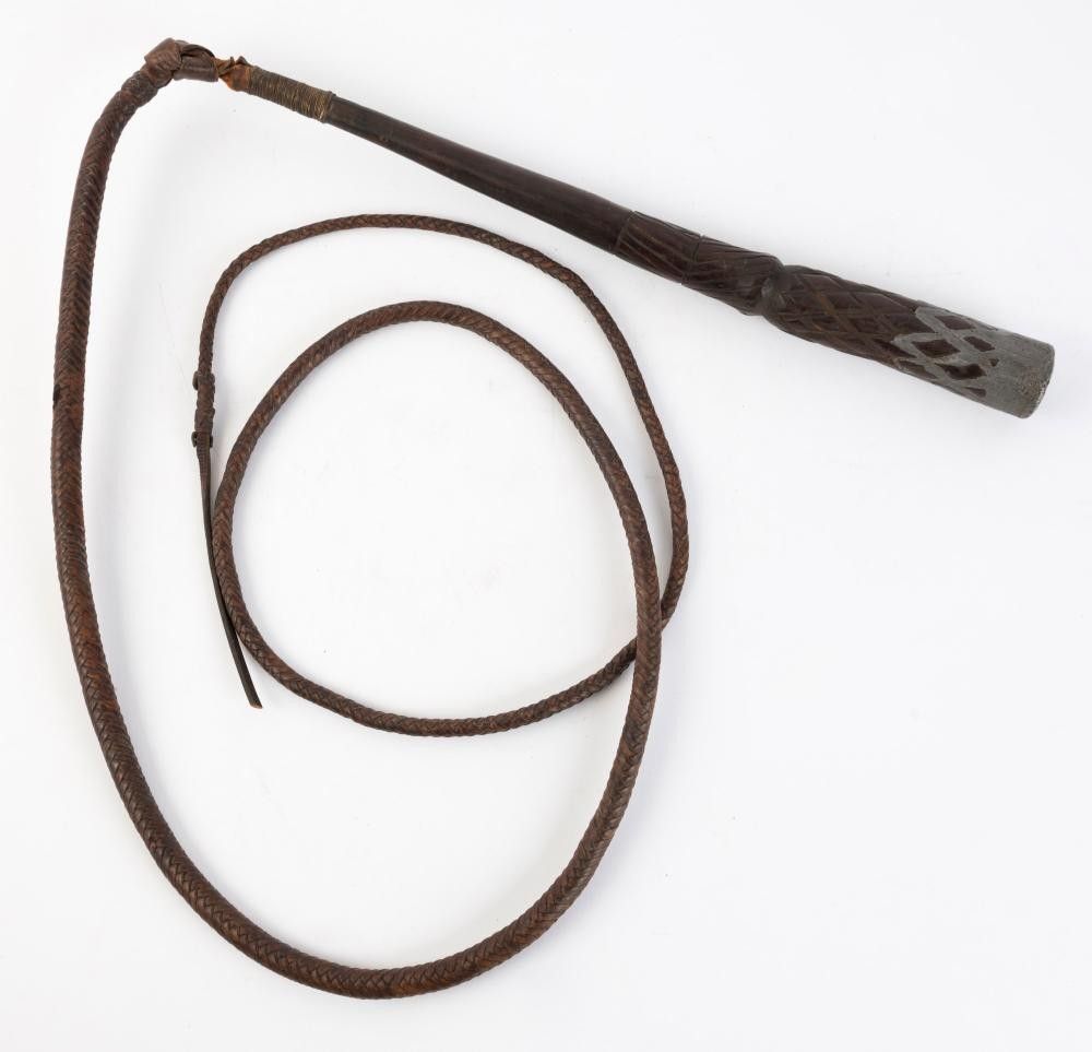 Antique Australian stock whip with Aboriginal carved handle, 19th/20th ...