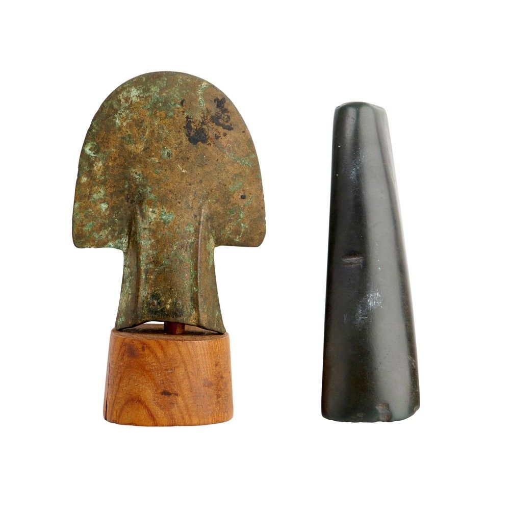 Antique Indonesian Bronze Axe Head and Hardstone Celt with Stand ...