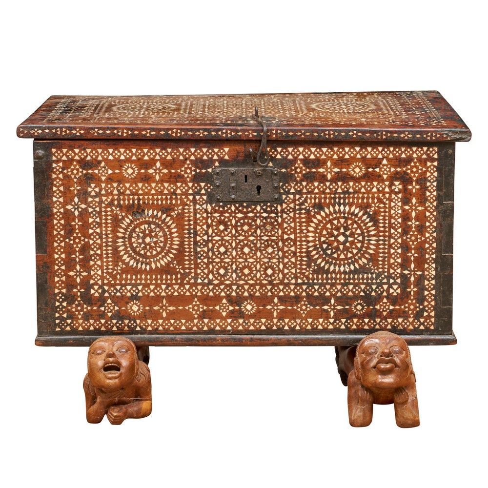 Antique Bone Inlaid Chest with Balinese Chest Rests Stand - Zother - Tribal