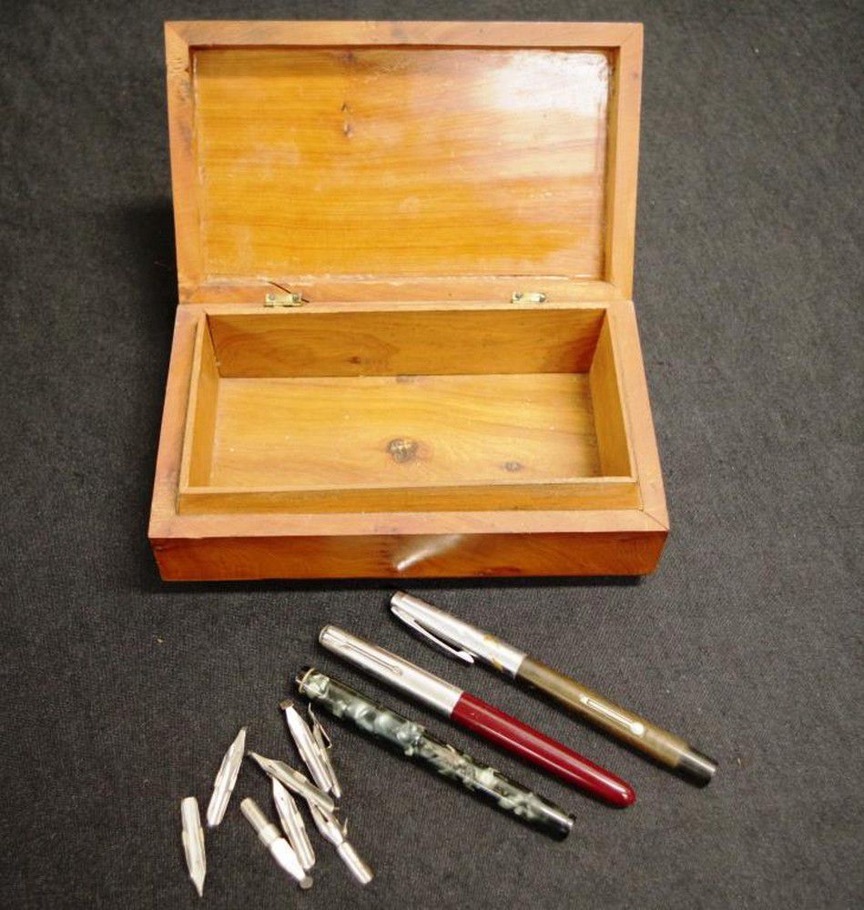 Antique Inlaid Box with Three Parker Fountain Pens - Boxes - Writing ...