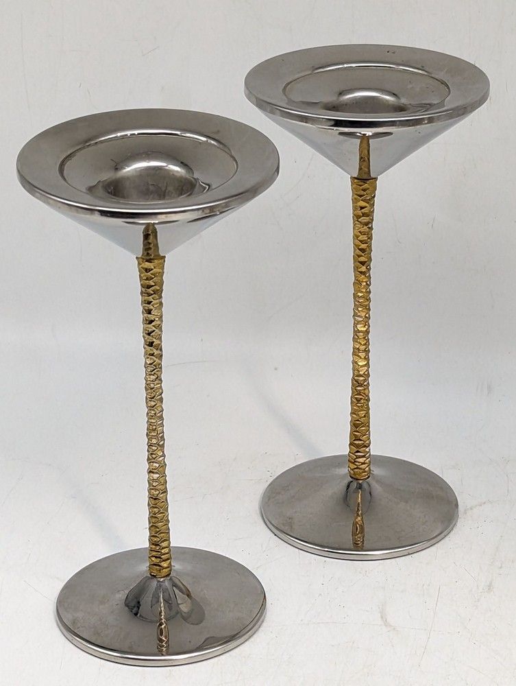 Stuart Devlin designed Viners stainless modernist candle holders pair ...